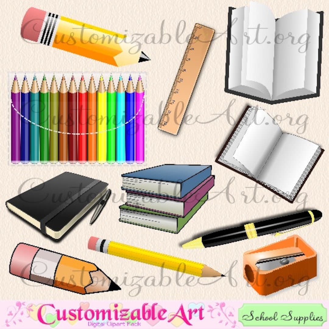 School Supplies Clipart Digital Stationary Clip Art Cute Pencil ...