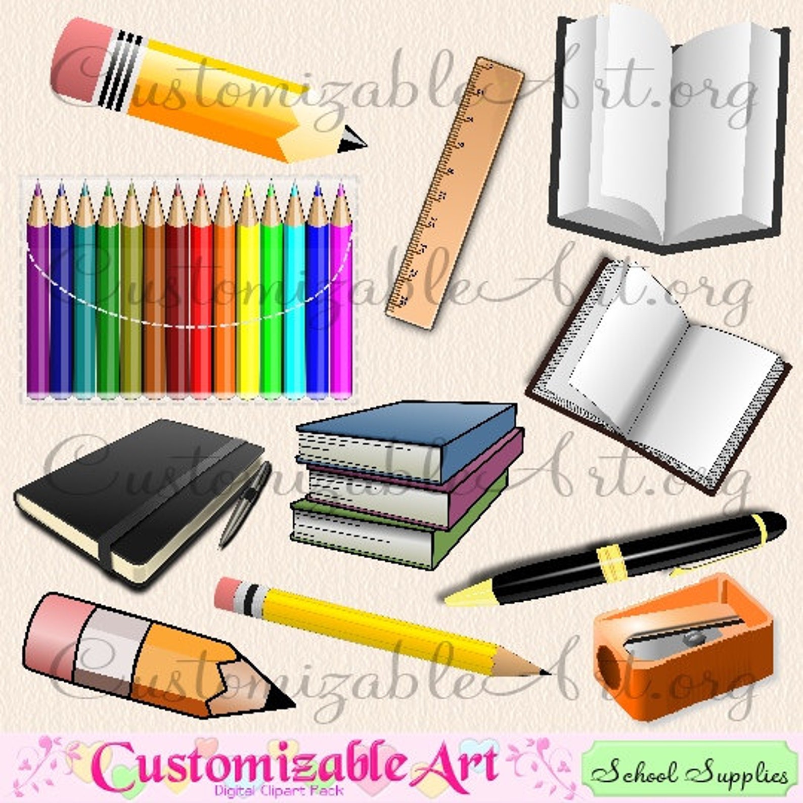 School Supplies Clipart Digital Stationary Clip Art Cute Pencil ...