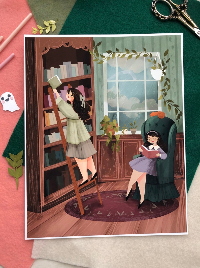 Rainy Day in the Library Illustration Art Print - Etsy