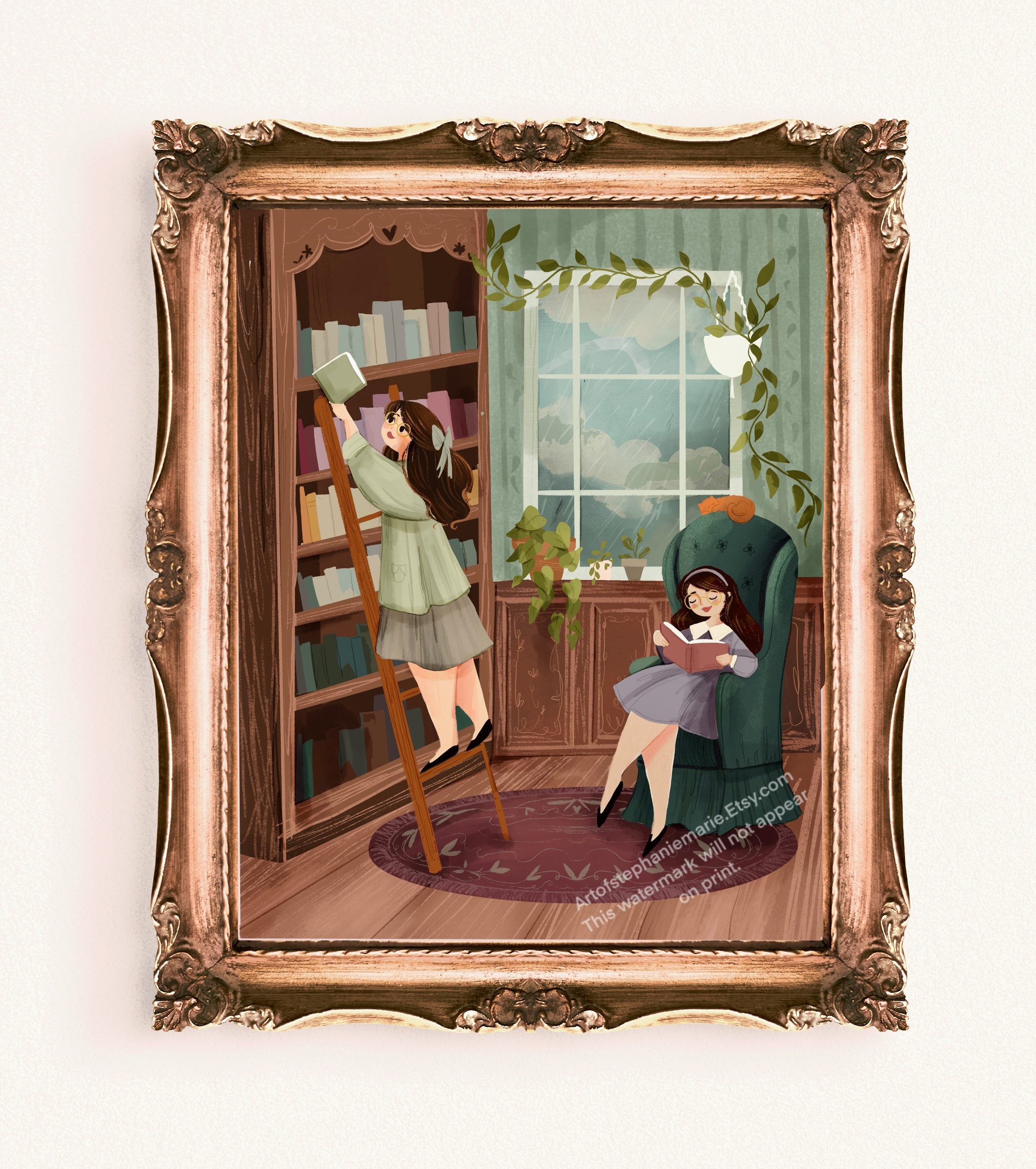 Rainy Day in the Library Illustration Art Print - Etsy