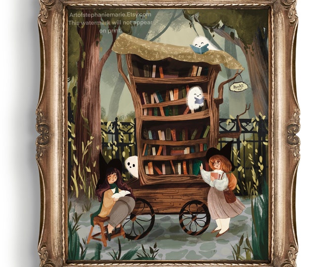 The Traveling Book Cart Illustration Art Print - Etsy