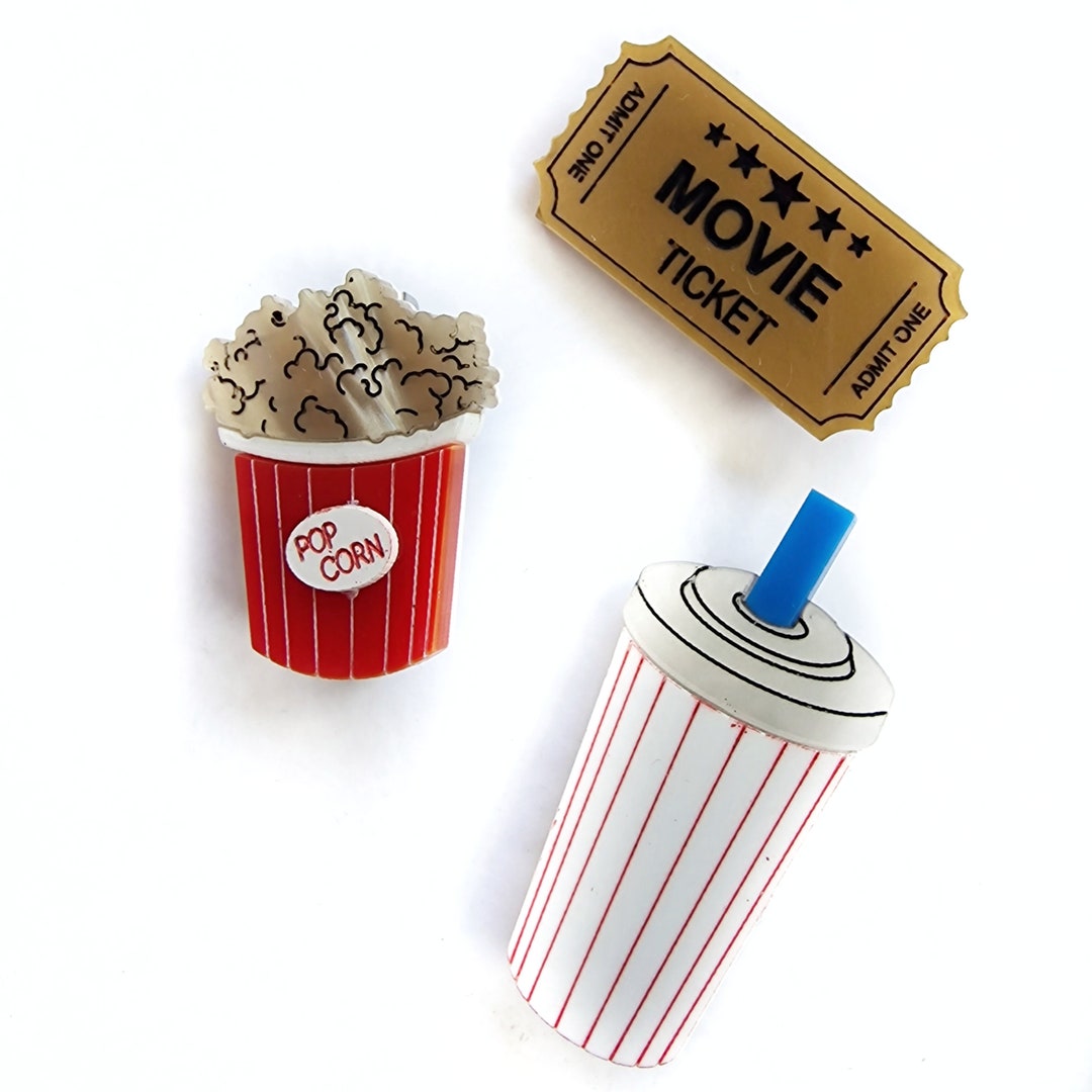 Trio of Pins Ticket Pop Corn and Drink Acrylic Plexiglass Laser Cut - Etsy