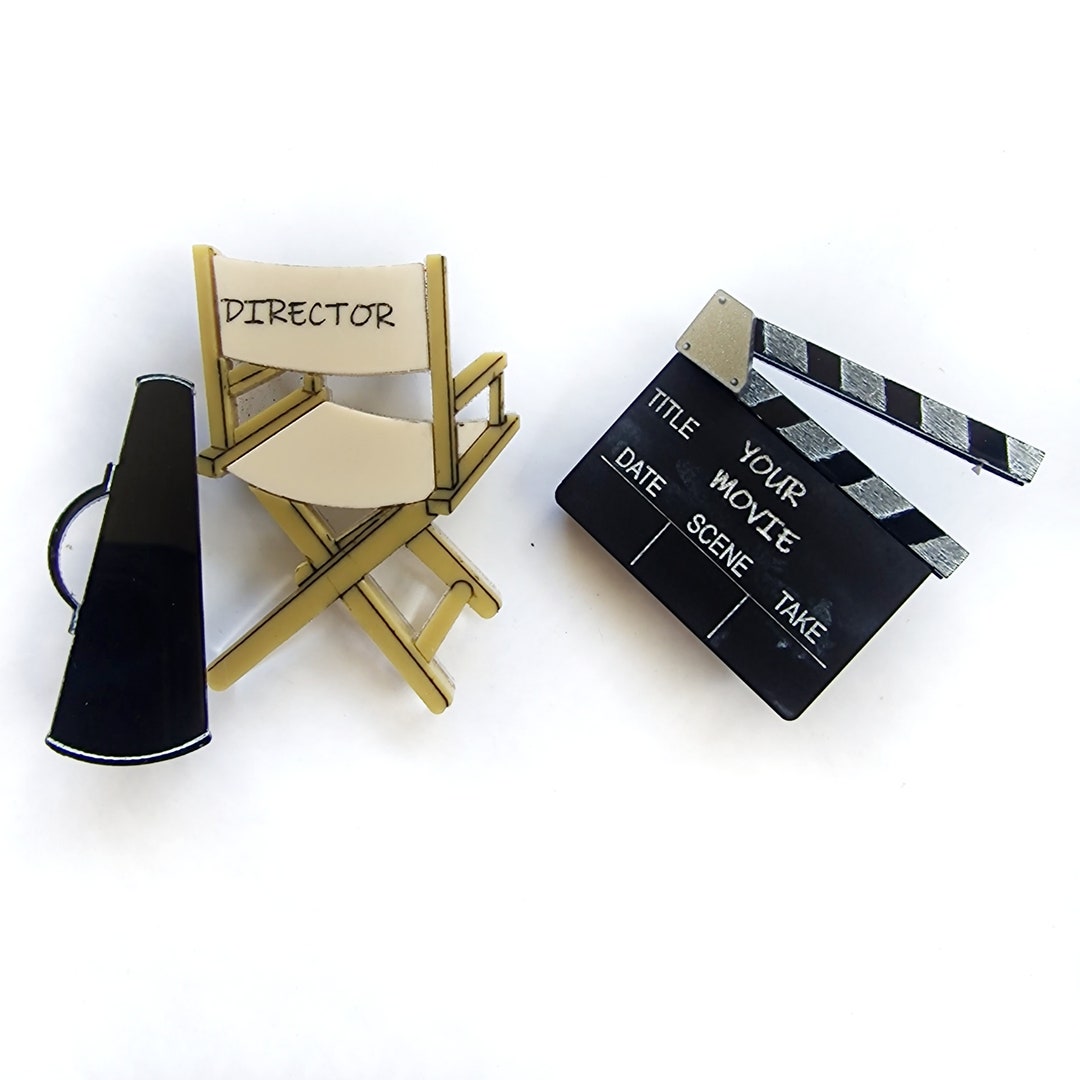 Trio of Customizable Clapperboard and Director's Chair Pins, Acrylic ...