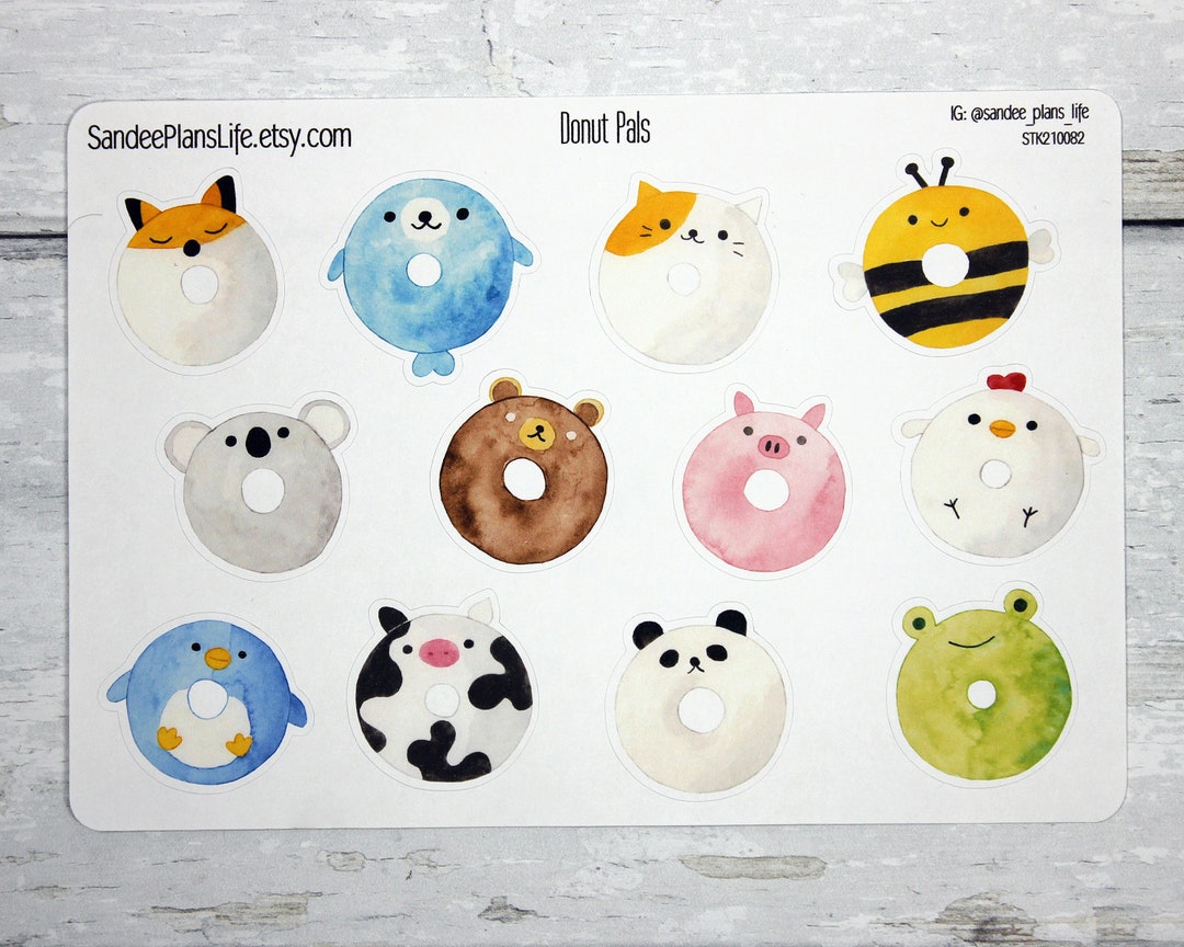 Watercolor Donut Pal Stickers | Animal Donut Stickers | Whimsical Fox ...