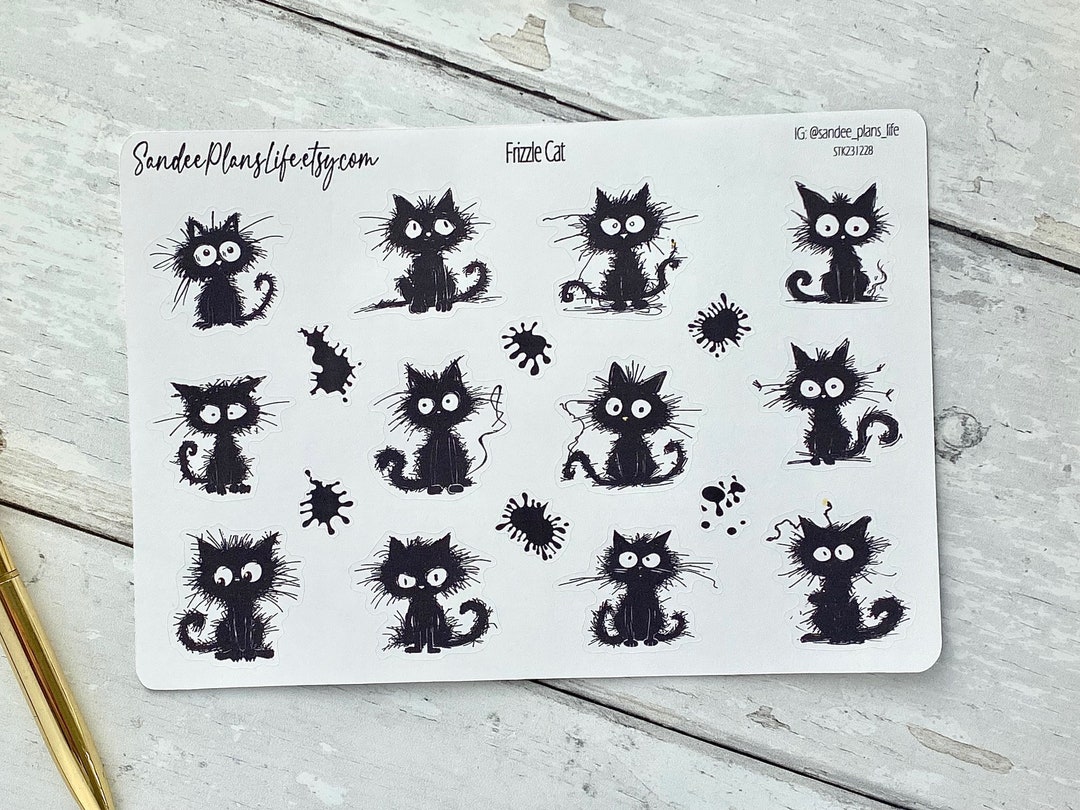 Frizzle Cat | Cute Ink Splat Cat | Black and White Cartoon Cat Mood ...