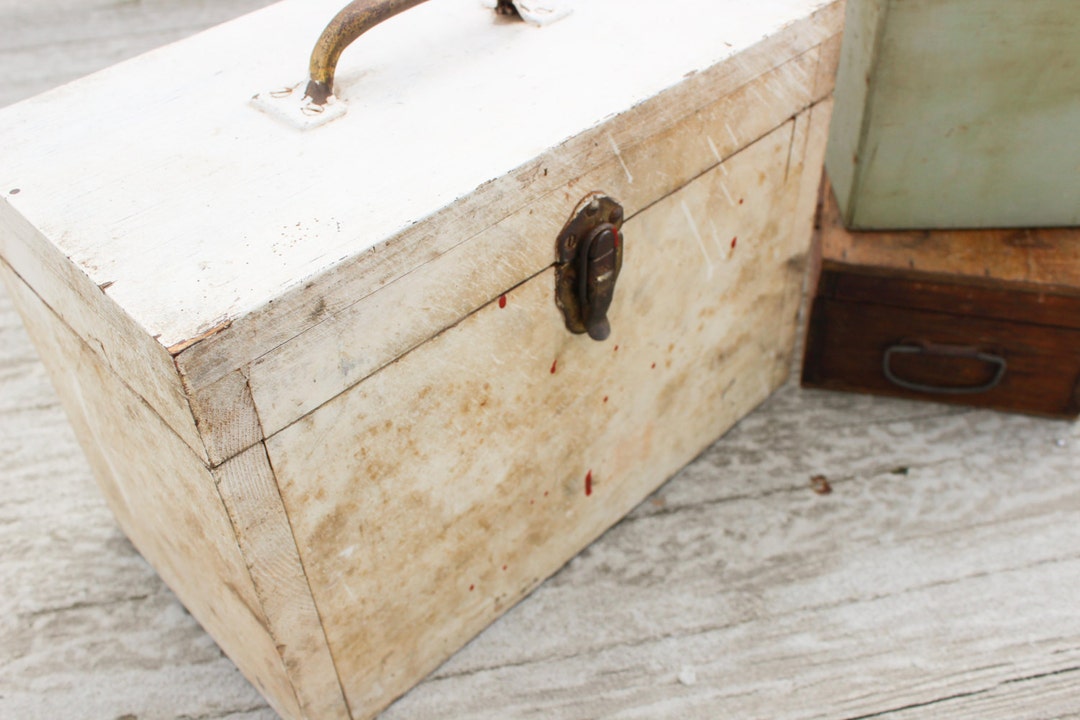 Vintage White Wooden Tool Box - Distressed Paint, Covered Tool Chest ...