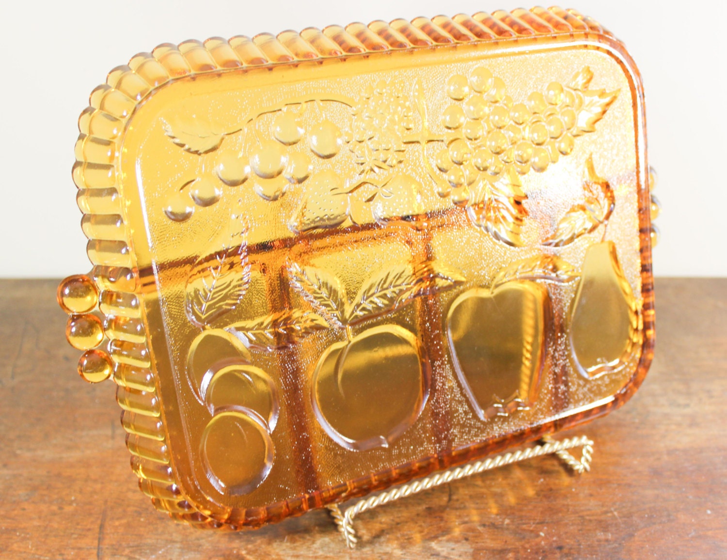 Vintage Amber Glass Serving Tray Indiana Glass Fruit Motif Design ...