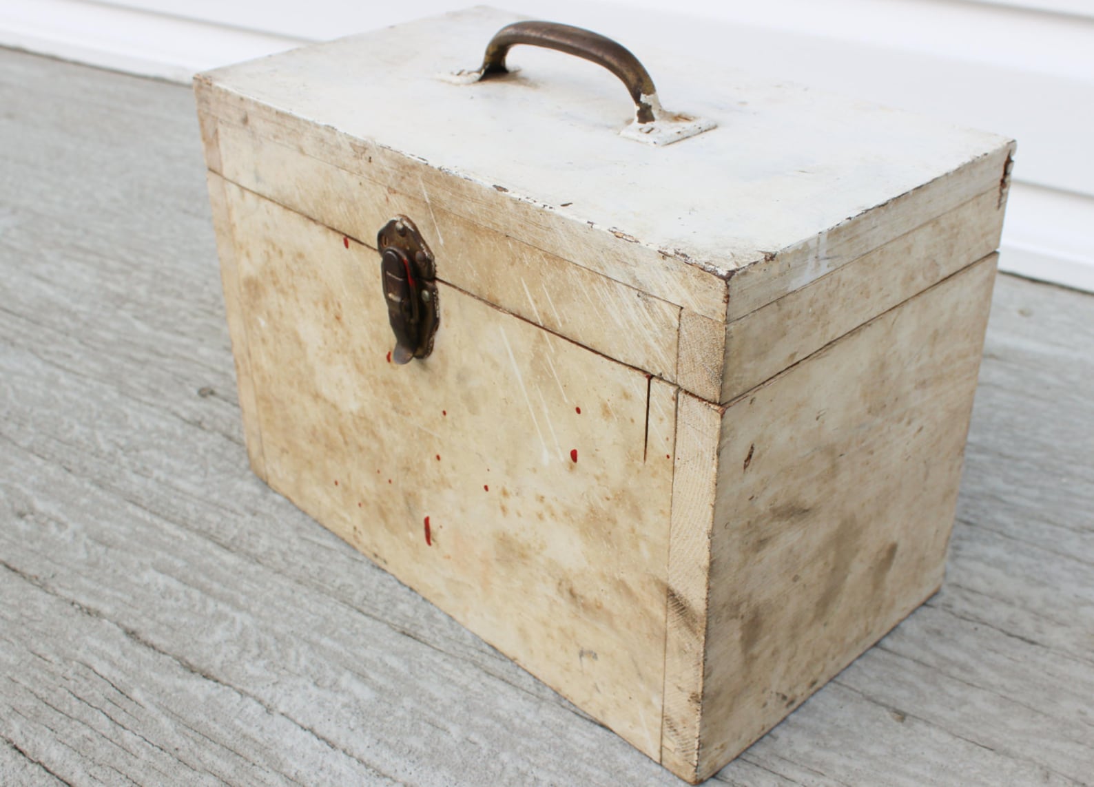 Vintage White Wooden Tool Box Distressed Paint, Covered Tool Chest ...