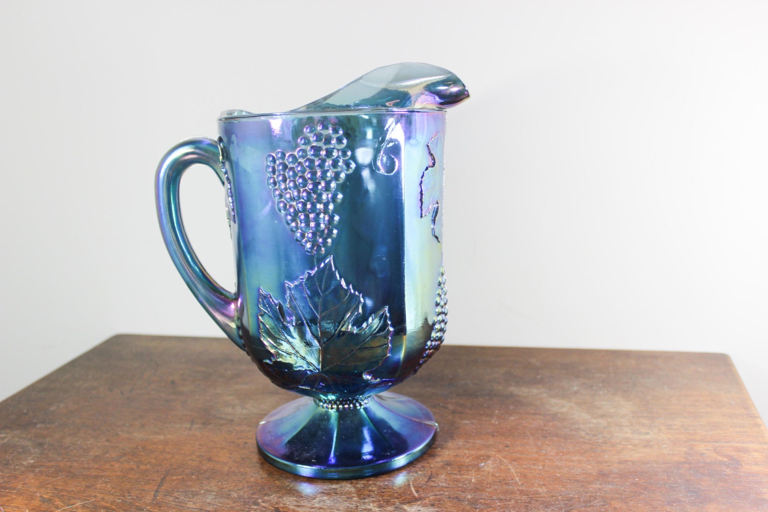 Iridescent Blue Indiana Glass Pitcher With a Pedestal Base Indiana ...