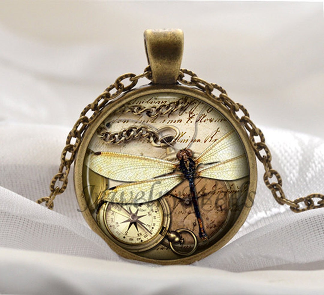 Steampunk Dragonfly Neckace - White Dragonfly Pendant - Bronze ...