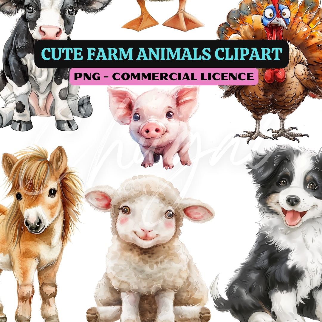15 PNG Cute Farm Animal Clipart Transparent Digital Download Crafting ...