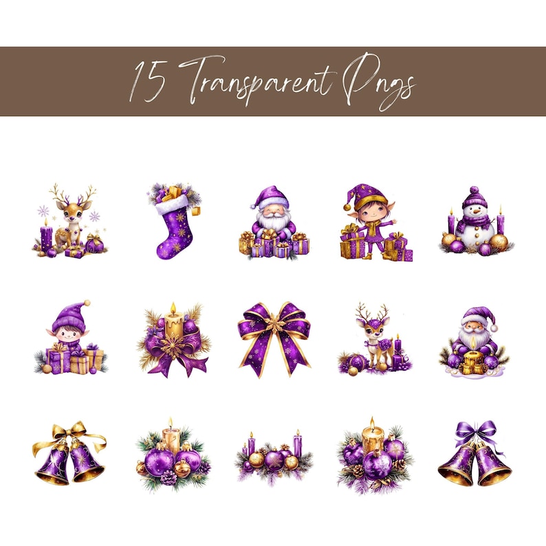 Purple Gold Christmas Clipart - 15 Transparent PNG - Instant Download ...