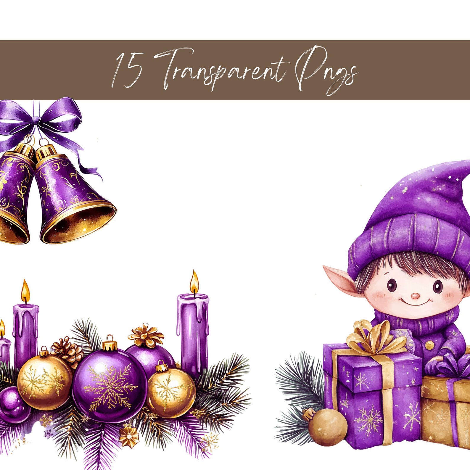 Purple Gold Christmas Clipart - 15 Transparent PNG - Instant Download ...