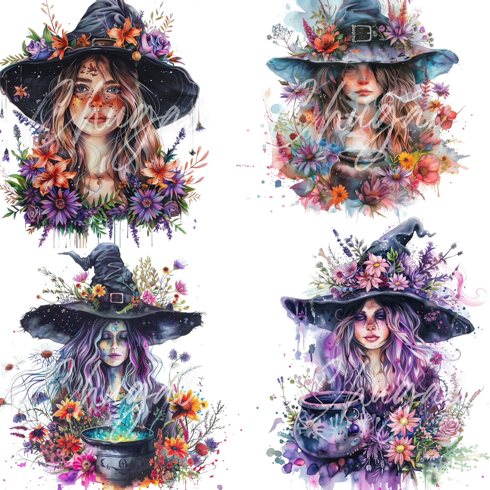 10 PNG Floral Witch Clip Art Transparent Instant Download Design Craft ...