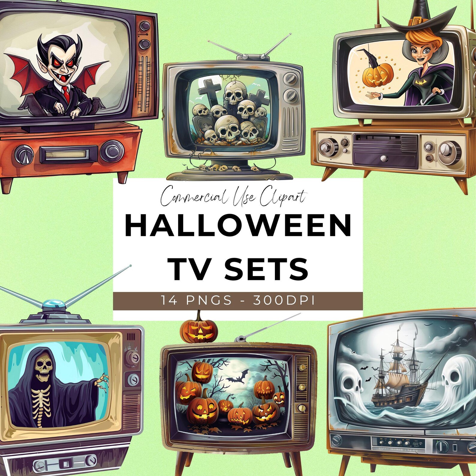 Retro Halloween Clipart - 14 Transparent PNG - Instant Download ...