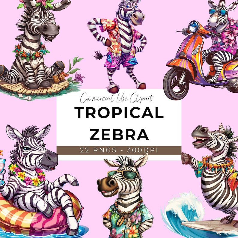 Tropical Zebra Clipart - 10 Transparent PNG - Clipart Bundle - Quirky ...