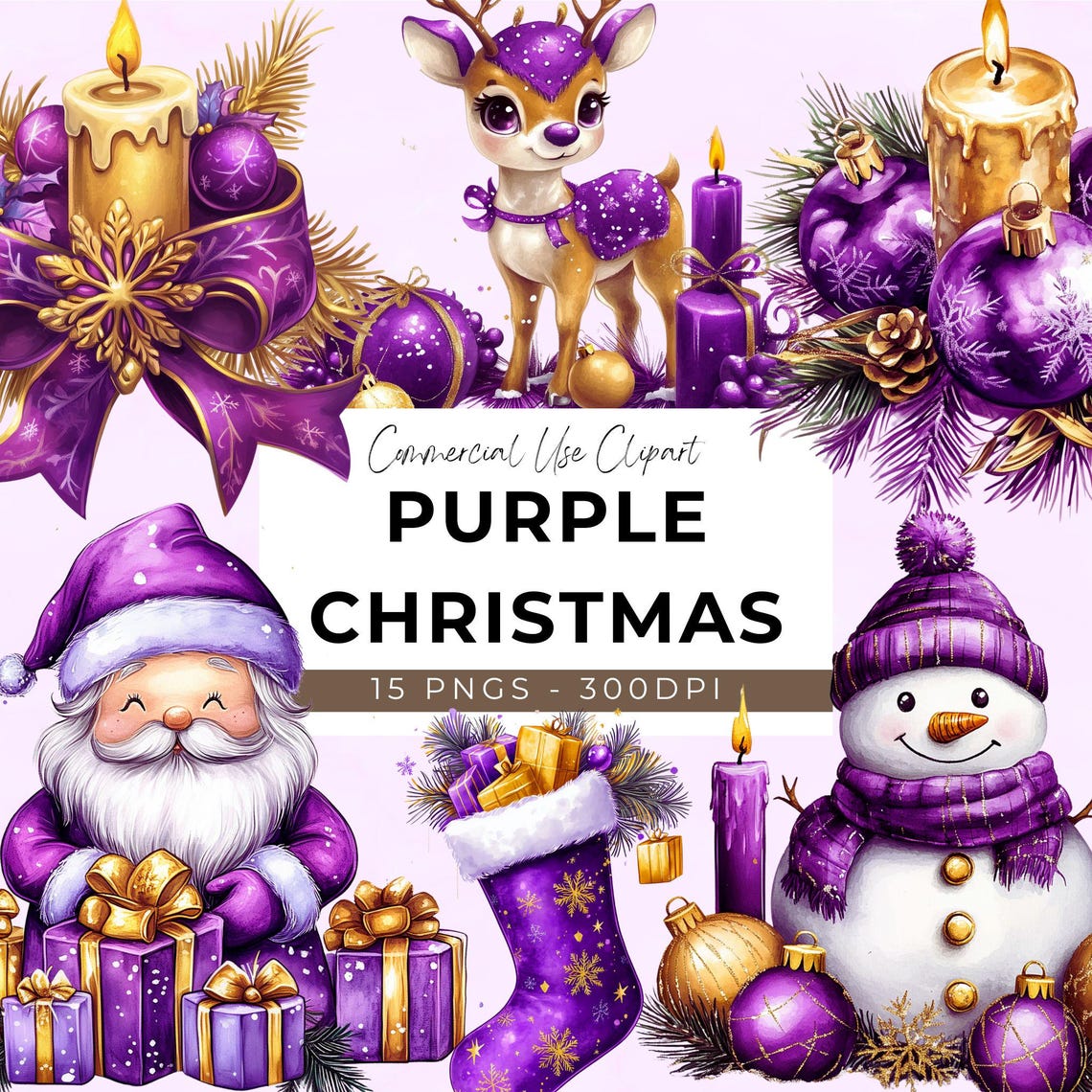 Purple Gold Christmas Clipart: Festive PNG Graphics (instant Download ...