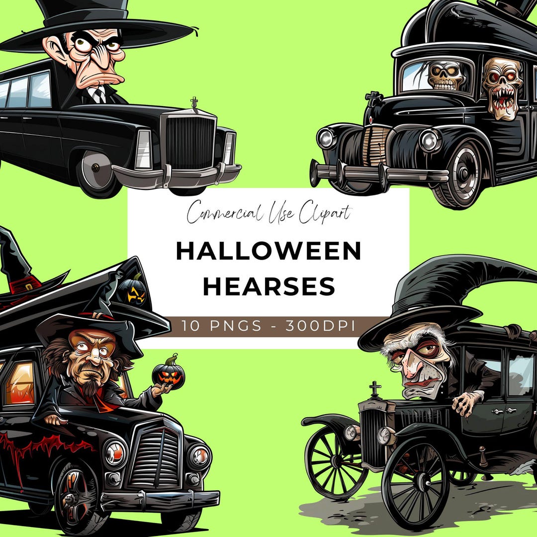 Halloween Hearses Clipart - 10 Transparent PNG - Instant Download - Halloween Design ...