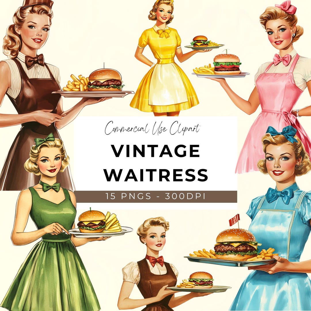 Vintage Waitress Clipart - 15 Transparent PNG - Digital Download - Clip ...