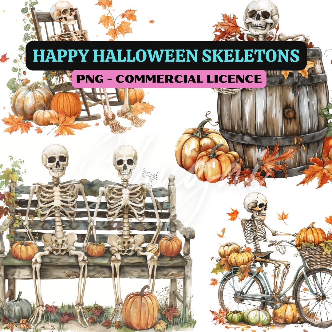 10 PNG Happy Skeletons Clipart Transparent Instant Download Halloween ...