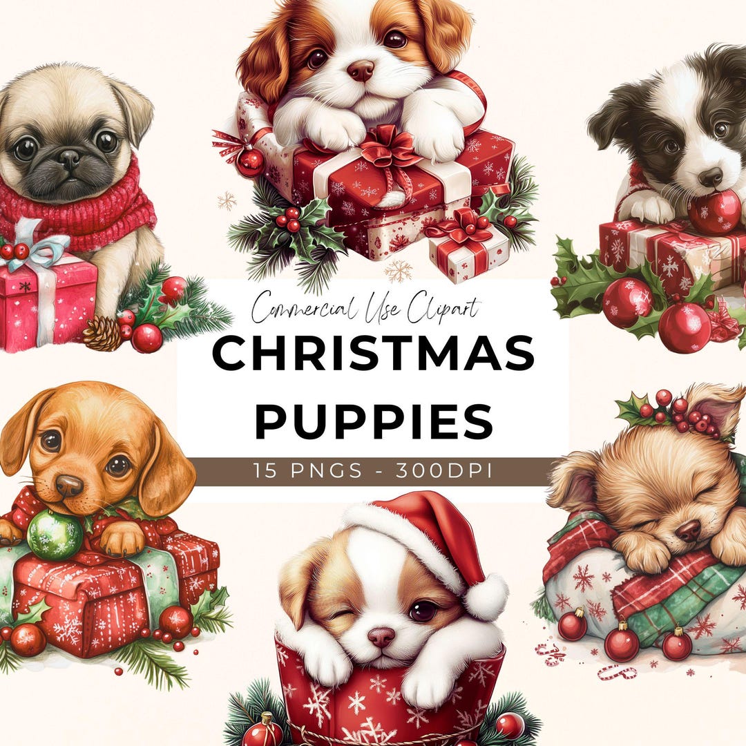 Christmas Puppies Clipart - 15 Transparent PNG - Instant Download ...