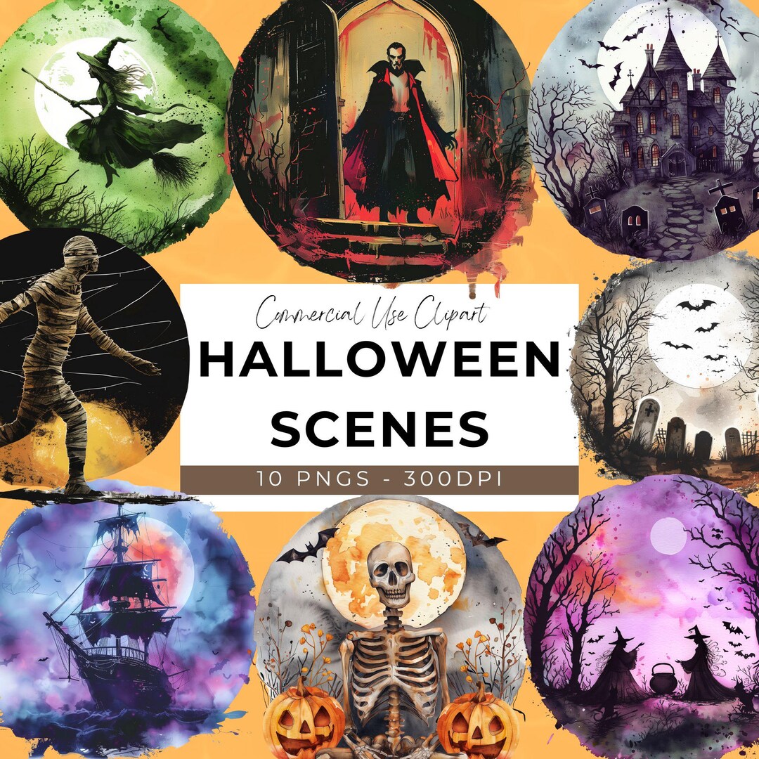 Halloween Scenes Clipart - 10 Transparent PNG - Instant Download ...