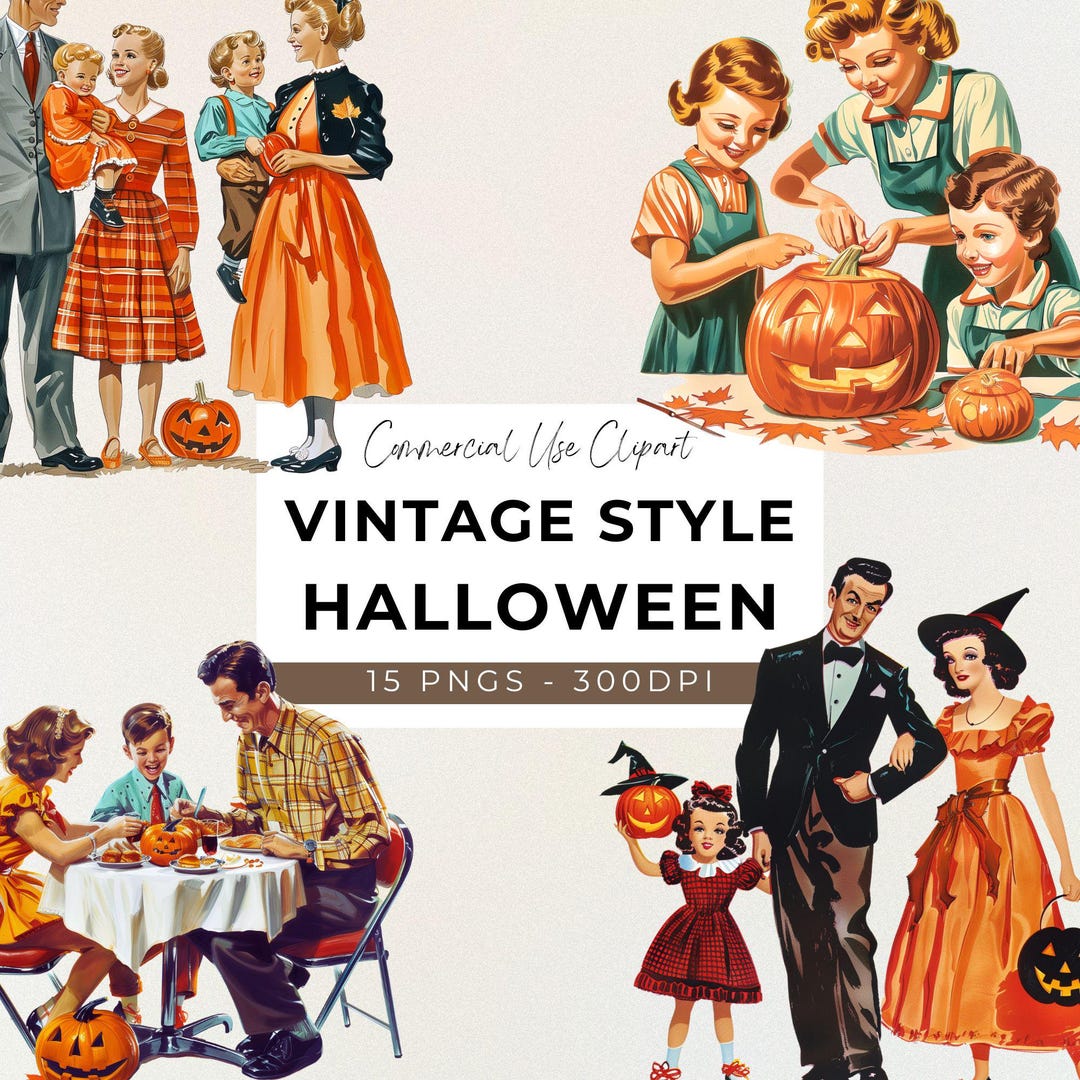 Vintage Style Halloween Clipart - 15 Transparent PNG - Instant Download ...