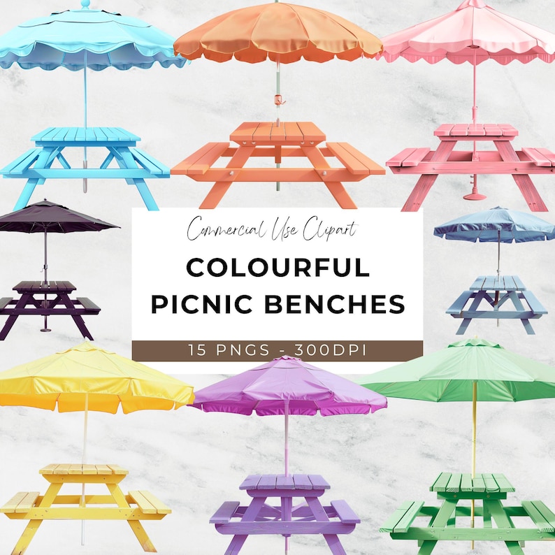 Colourful Picnic Benches Clipart - 15 Transparent PNG - Instant Download - Picnic Table Summer ...