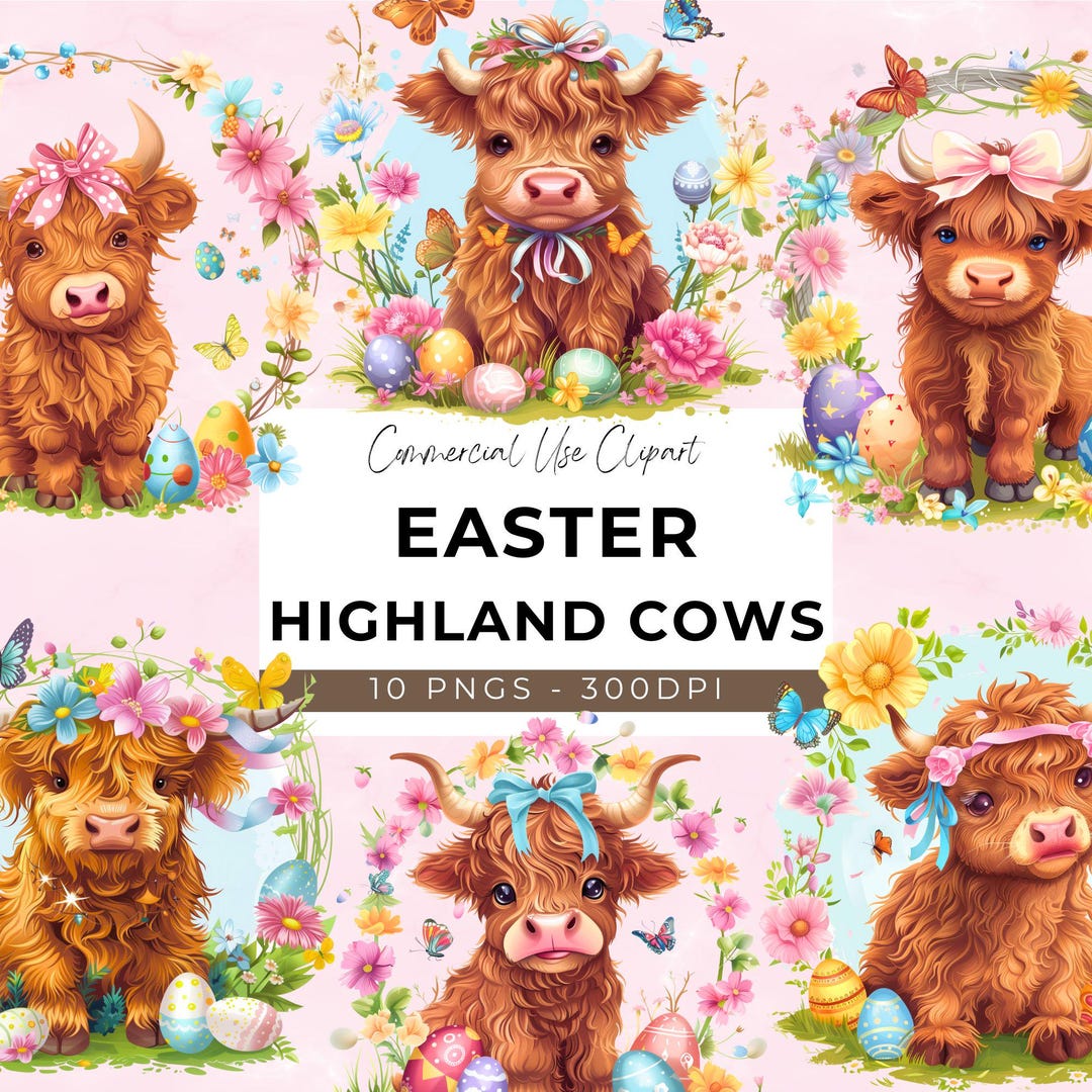 Easter Highland Cows Clipart - 10 Transparent PNG - Instant Download ...