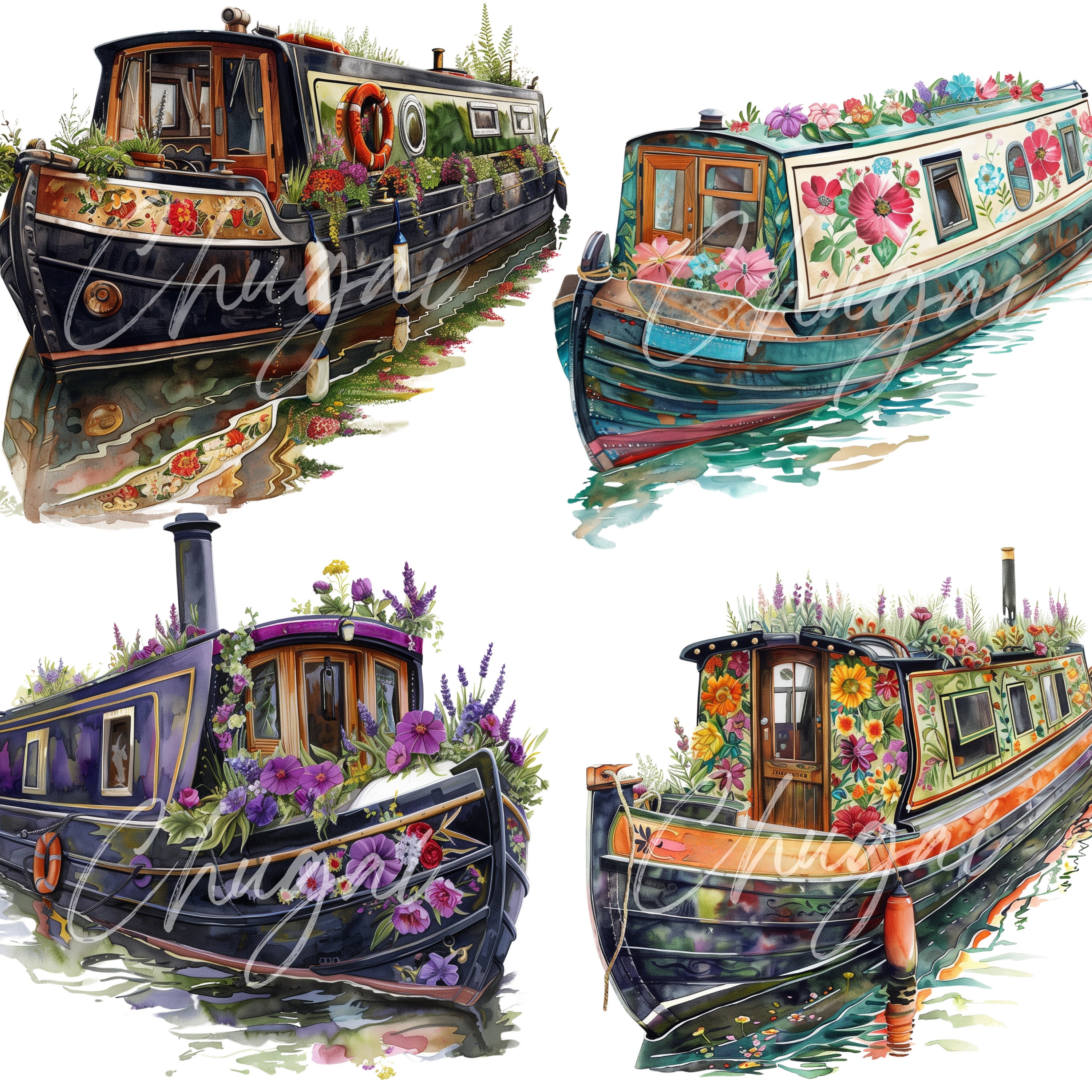 Canal Boats Clip Art - Ornate - 10 PNG - Transparent - Digital Download ...