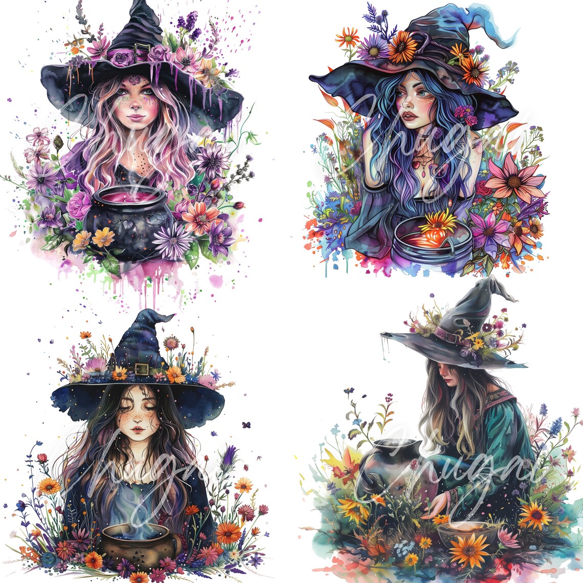 10 PNG Floral Witch Clip Art Transparent Instant Download Design Craft ...