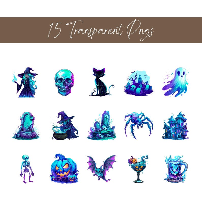 Neon Blue Halloween Clipart - 15 Transparent PNG - Instant Download ...