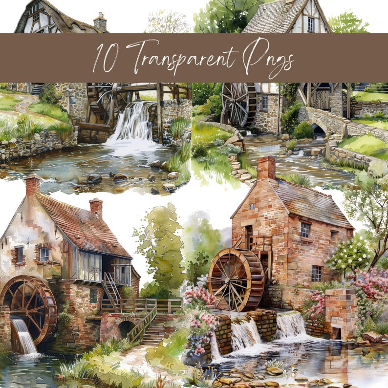 10 PNG - Water Mills Clipart - Transparent - Digital Download - Design ...