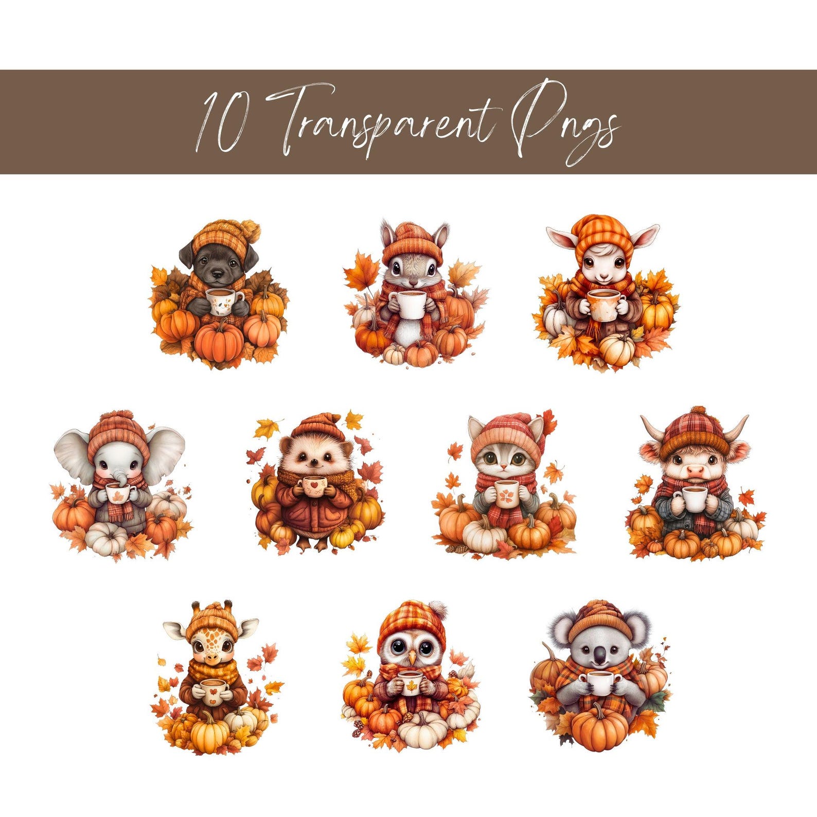 Cute Autumn Animal Clipart - 10 Transparent PNG - Instant Download ...