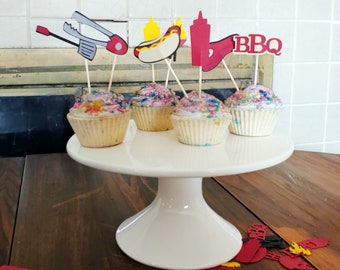 12 BBQ Cupcake Toppers, Cook Out Theme, Birthday Toppers, BBQ Theme ...