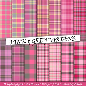 Pink and Grey Tartan Pattern Digital Paper, 14 Seamless Scottish Plaid ...
