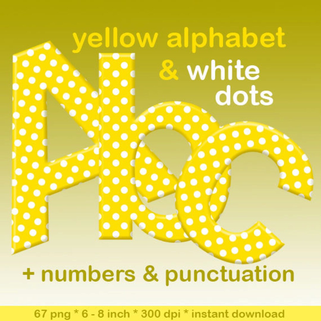 Yellow Polka Dots Digital Alphabet Clipart, Printable Font With Large ...