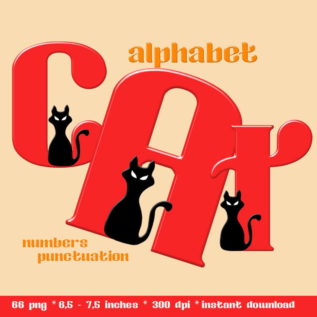Black Cat Alphabet Clipart, Red Font With Letters, Numbers and ...