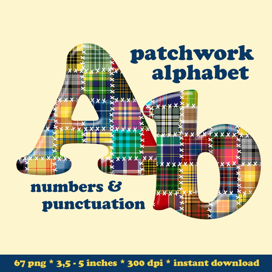 Patchwork Digital Alphabet Clipart, Colorful Plaid Font With Large and ...
