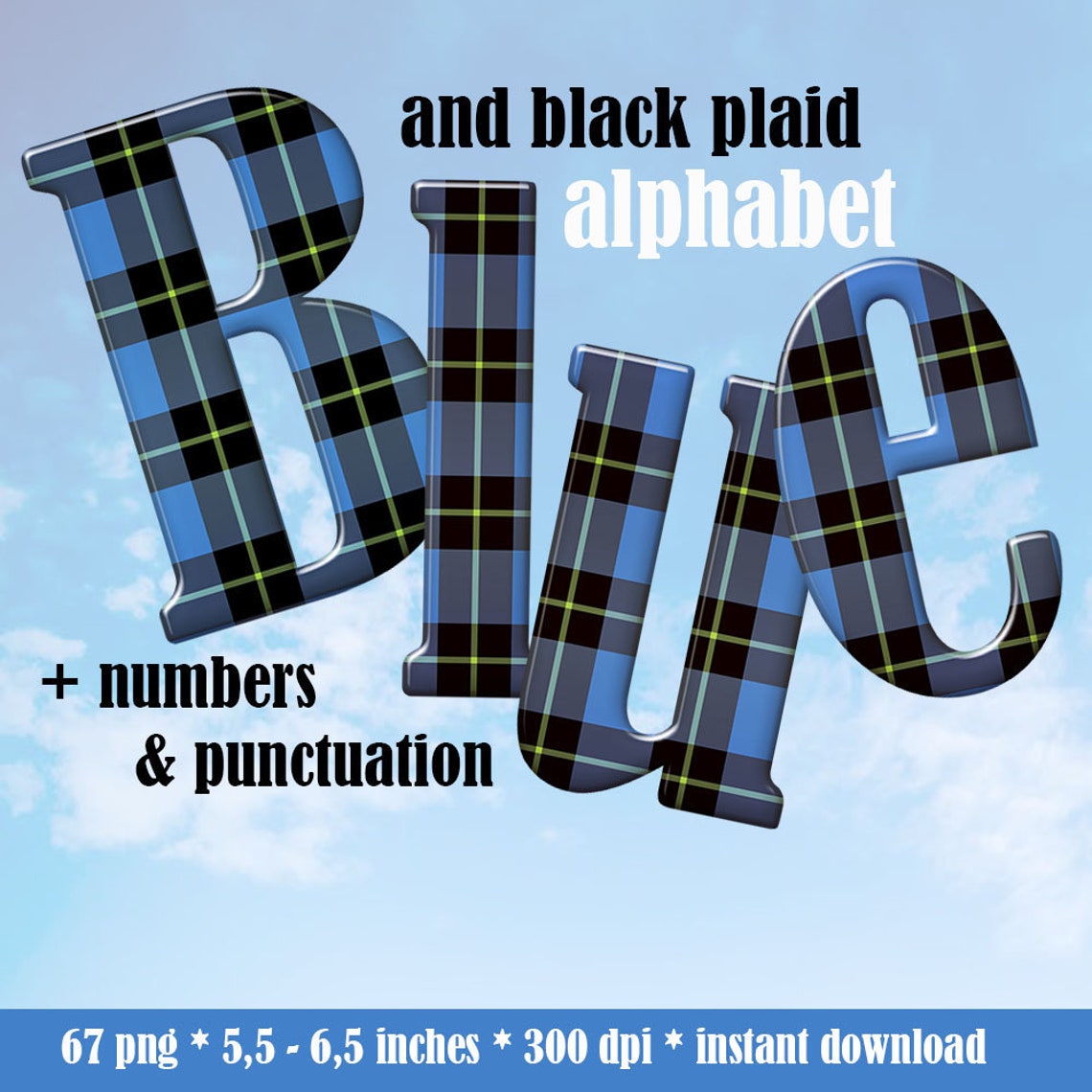 Blue and Black Plaid Digital Alphabet Clipart Plaid Font With - Etsy