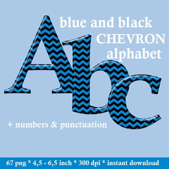 Blue and Black Chevron Alphabet Clipart: Digital Chevron Font | Etsy