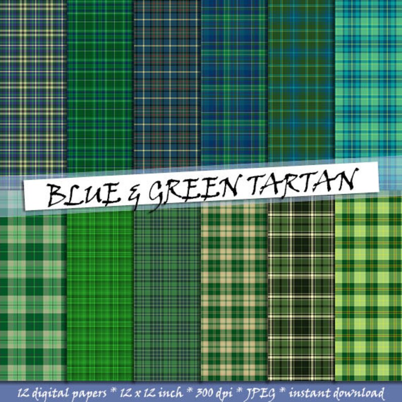 Tartan digital paper in blue and green: scottish plaid | Etsy