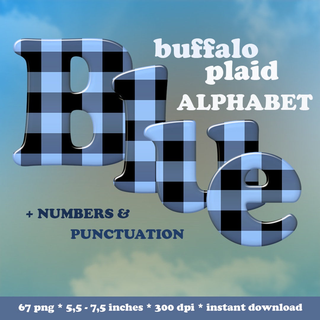 Blue Buffalo Plaid Digital Alphabet Clipart, Blue Gingham Font With ...