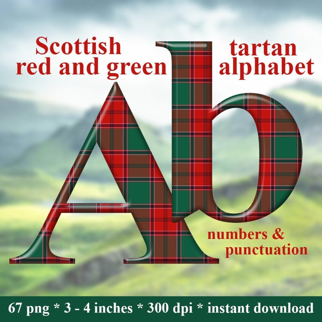 Red and Green Tartan Digital Alphabet Clipart, Scottish Plaid Font With ...