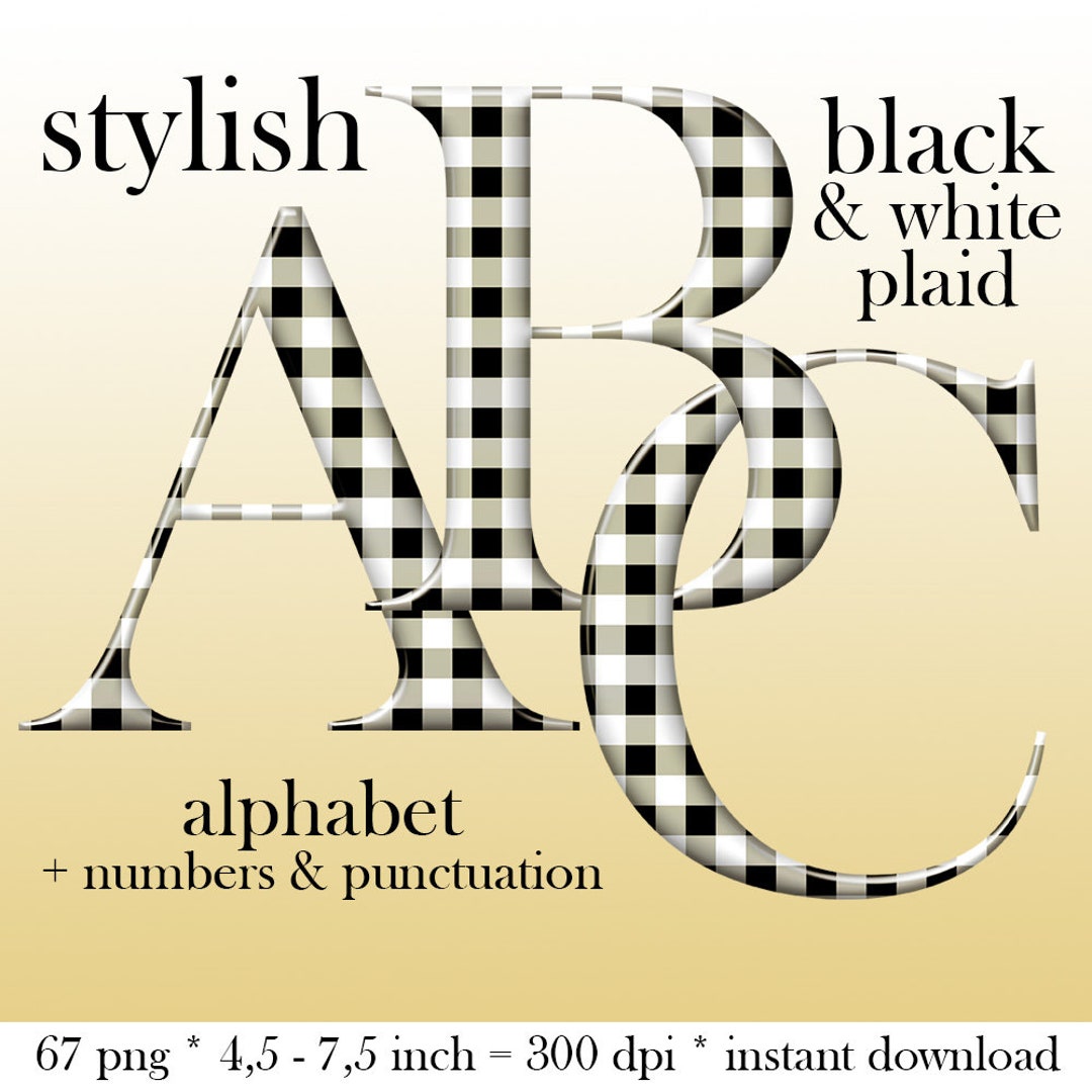 Stylish Black and White Plaid Digital Alphabet Clipart, Font With Large ...