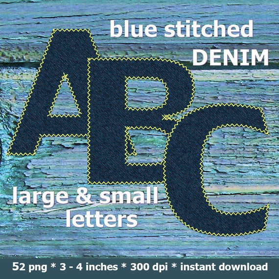 Stitched Blue Denim Alphabet Clipart with large and small | Etsy