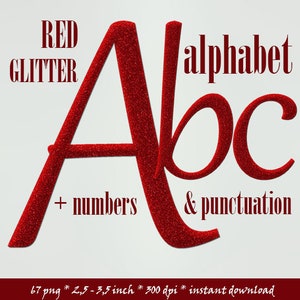 Red Glitter Digital Alphabet Clipart, Glittering Red Font With Large ...