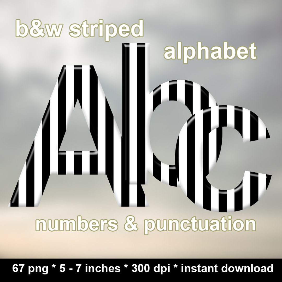 Black and White Striped Digital Alphabet Clipart, Stripes Font, Large ...