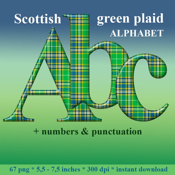 Green plaid digital alphabet clipart scottish tartan font | Etsy
