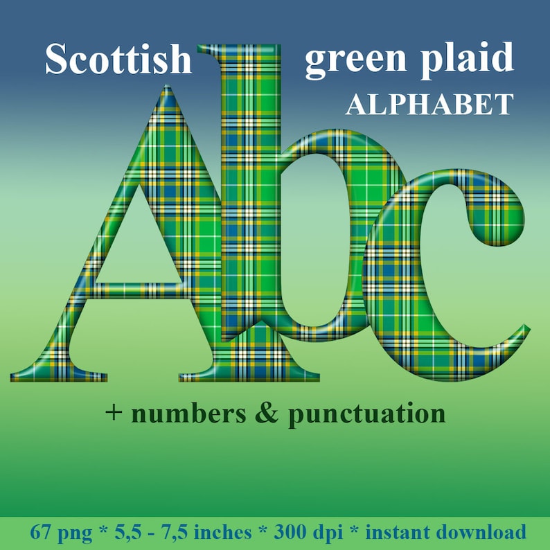Green Plaid Digital Alphabet Clipart Scottish Tartan Font | Etsy